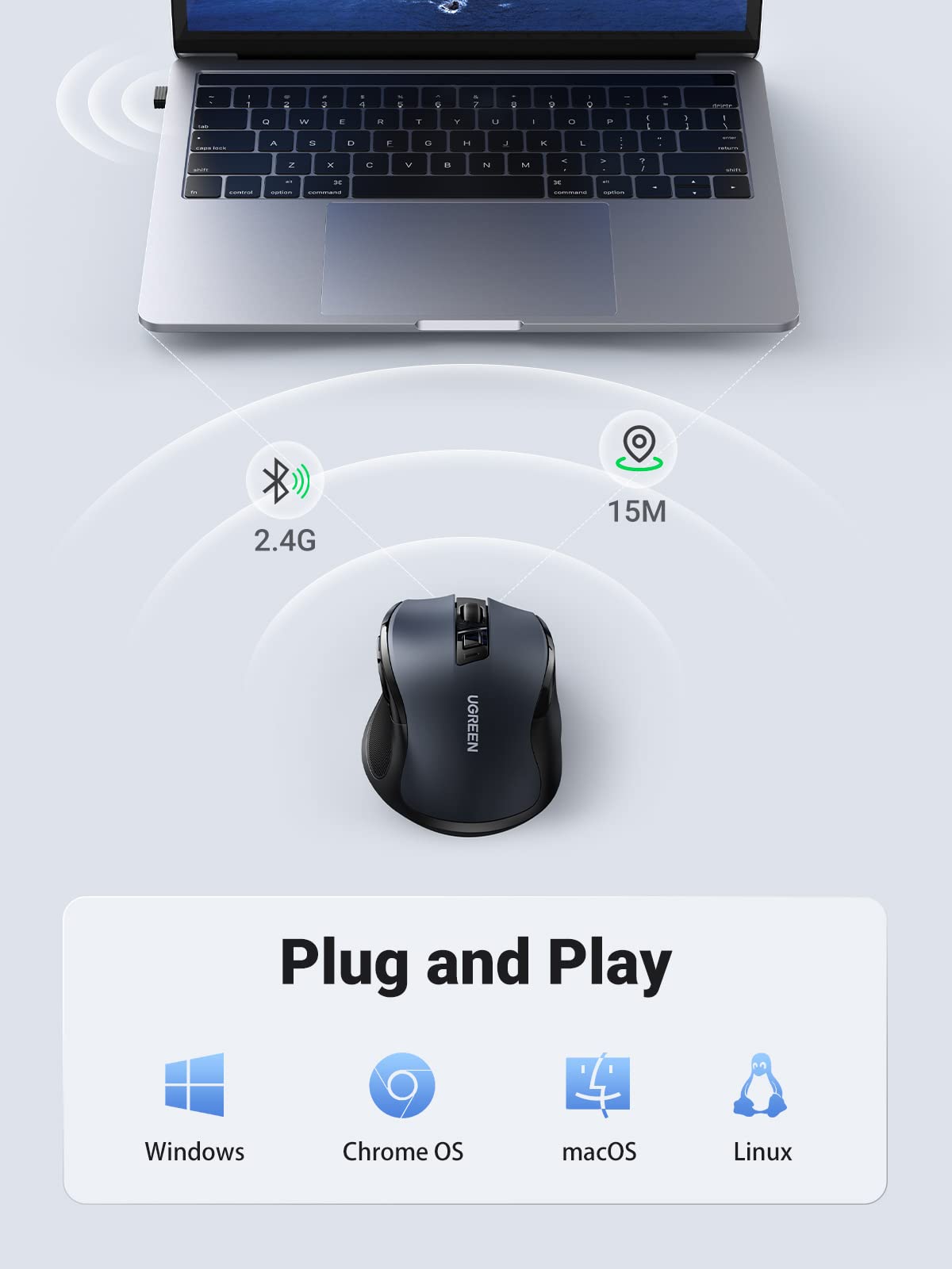 UGREEN Wireless Mouse 2.4G with USB Receiver, 5-Level 4000 DPI 6 Buttons,18 Months Battery Life Cordless Mouse, Ergonomic Computer Mice for Laptop, Computer, PC, MacBook, Chromebook Black
