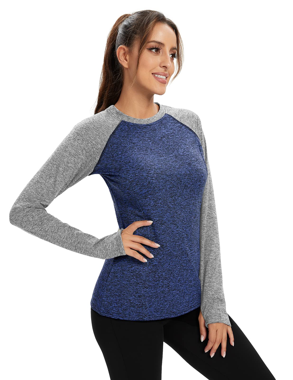 Fleece Lined Shirt for Women Long Sleeve Running Shirts with Thumb Holes(Navy-Grey,Medium