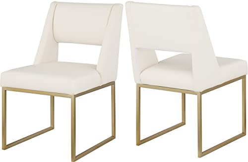 Meridian Furniture Jayce Collection Modern | Contemporary Faux Leather Upholstered Dining Chair with Brushed Gold Metal Base, Set of 2, Cream