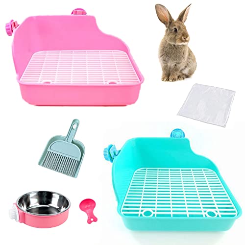 Lucky Interests 2 pcs Rabbit Litter Box, Hanging Bunny Corner Small Animal Toilet Potty Trainer with Pet Crate Bowl and Spoon, Mini Broom & Dustpan, Disposable Cage Liner for Guinea Pigs (Pink, Green)