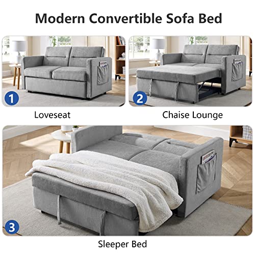 Merax 54.5'' Modern Convertible Sleeper Sofa Bed with Two Side Pockets, Grey Fabric Sofa w/Pull-Out Bed Loveseat Sofa Couch and Adjsutable Back for Living Room