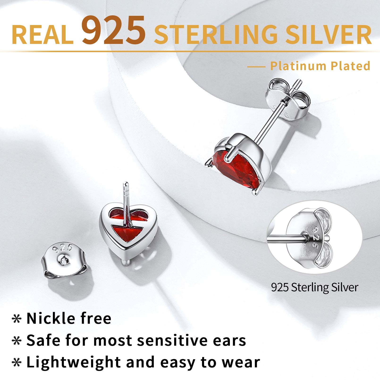 Women Earrings Hypoallergenic 925 Sterling Silver Love Heart Earrings Studs Red Cubic Zirconia Ruby Gemstone July Birthstone Stud Earrings for Sensitive Ears