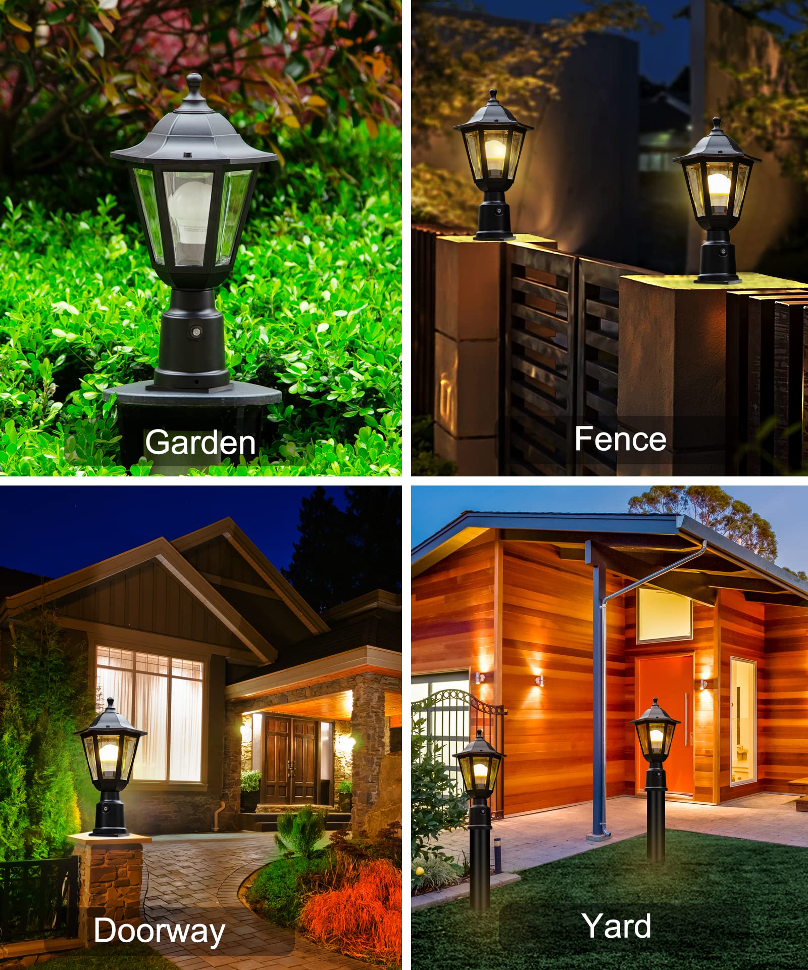 FUDESY Dusk to Dawn Sensor Outdoor Post Light, Waterproof Pole Lantern with Pier Mount Base, Exterior Plastic Lamp Light Fixture, for Garden, Patio, Pathway, FDS6163B1PS, Black, LED Bulb Included