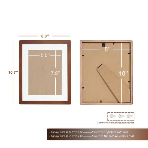 TRAHOME 8x10 Picture Frame,Solid Wood,3 Pack Photo Frames, Display Pictures 6x8 with Mat or 8x10 Without Mat, Gallery Wall Photo Frames-Brown