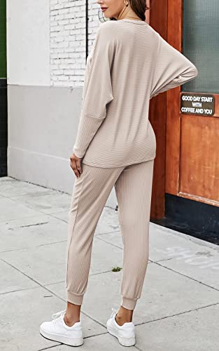 PRETTYGARDEN Women's 2023 Fall Fashion Outfits 2 Piece Sweatsuit Solid Color Long Sleeve Pullover Long Pants (Apricot,Medium)