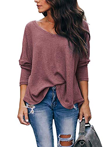 LuckyMore Women Long Sleeve V Neck Tops Sexy Off The Shoulder Loose Pullover Sweater Rust Red S