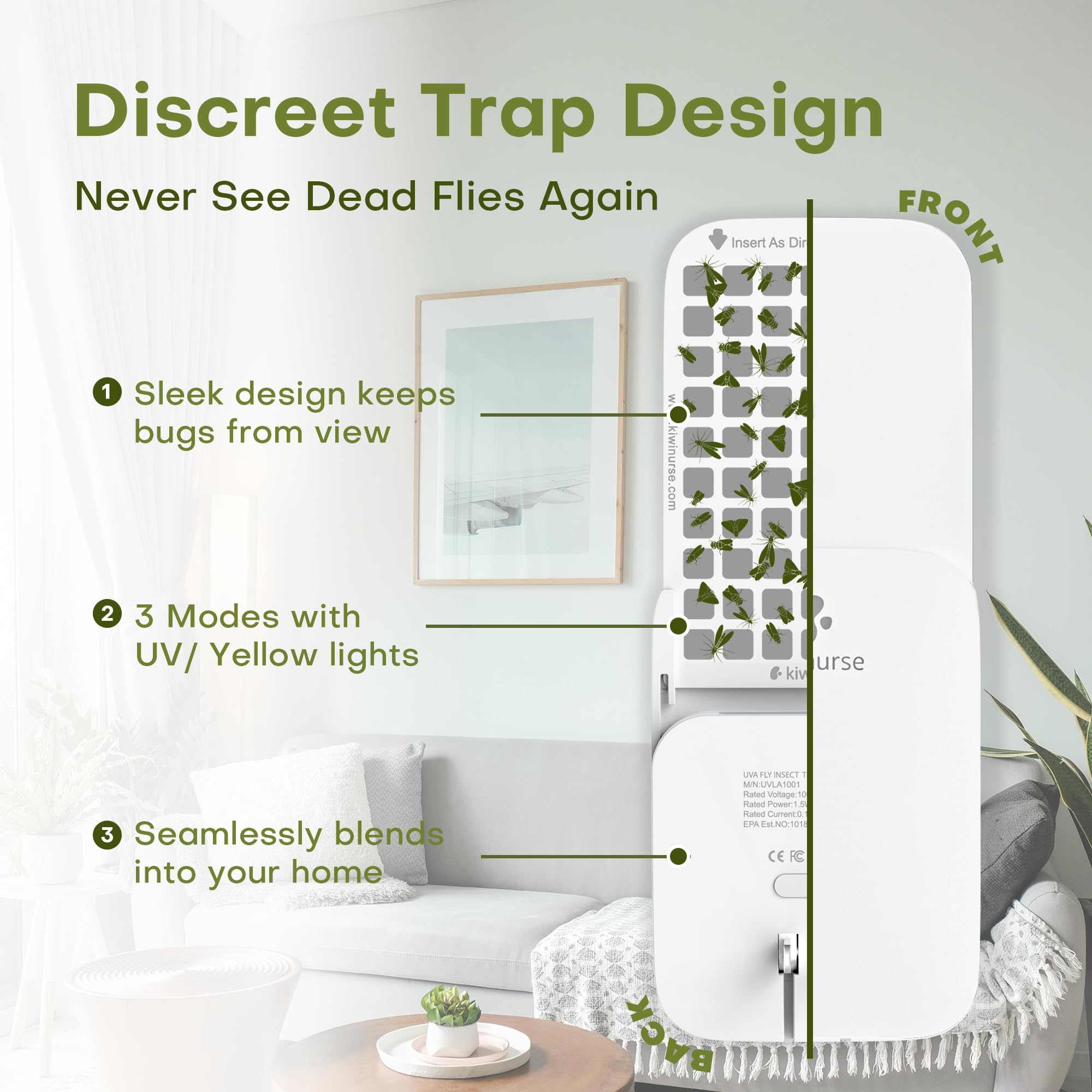Kiwinurse Indoor Fly Trap for Home - Flying Insect Trap Fruit Fly Traps for Bugs, Gnats, Moths for Indoors with Bug Lights & Refills,1 Device+2 Double Sided Glue Cards