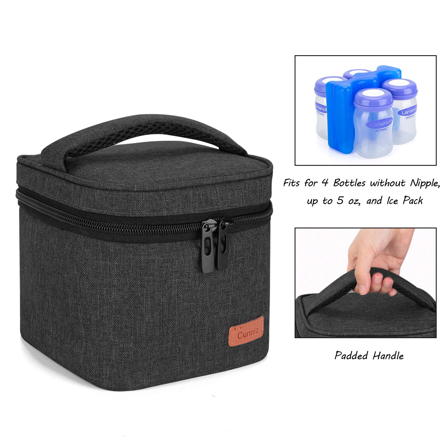 CURMIO Breastmilk Storage Bag for 4 Bottles up to 5 Oz, Insulated Mini Cooler Bag for Baby Bottles, Bottle Warmer On the Go for Daycare, Bag Only, Black
