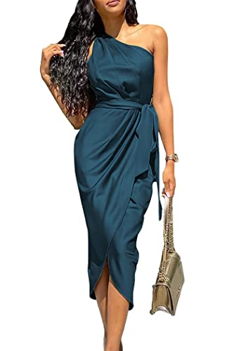 PRETTYGARDEN Women's 2023 Summer Ruched Bodycon Dress Sleeveless One Shoulder Wrap Satin Belted Cocktail Midi Dress(Dark Blue,X-Large)