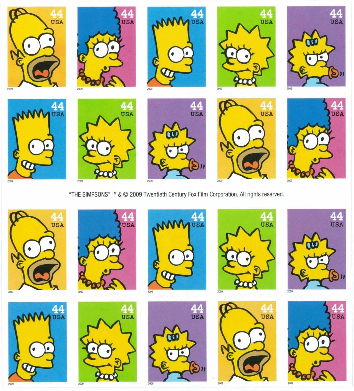The Simpsons Sheet of 20 x 44-Cent Stamps, USA 2009, Scott 4399-4403