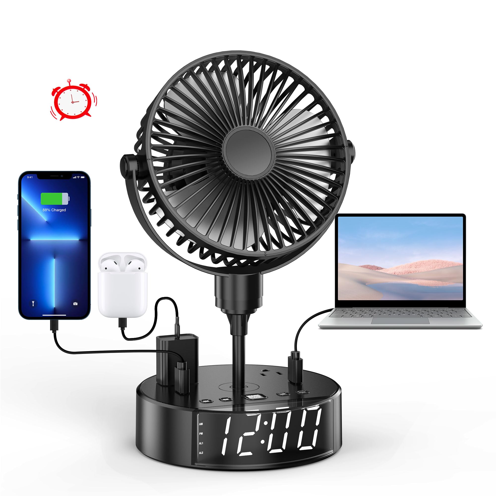 Fereowth Quiet Desk fan,Office Fan with 2 USB Charging Ports,Table Fan with 2 AC Power Outlets ,Bedroom Fan with Timer Alarm.Personal Fan for Home,Strong Wind, Quiet Operation(black gray)