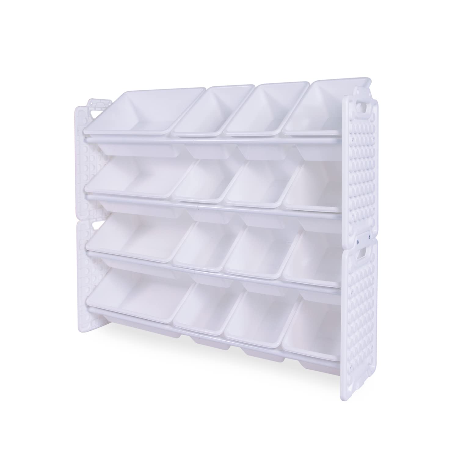 UNiPLAY Toy Organizer with 16 Removable Storage Bins, Multi-Bin Organizer for Books, Building Blocks, School Materials, Toys with Baseplate Board Frame (White)