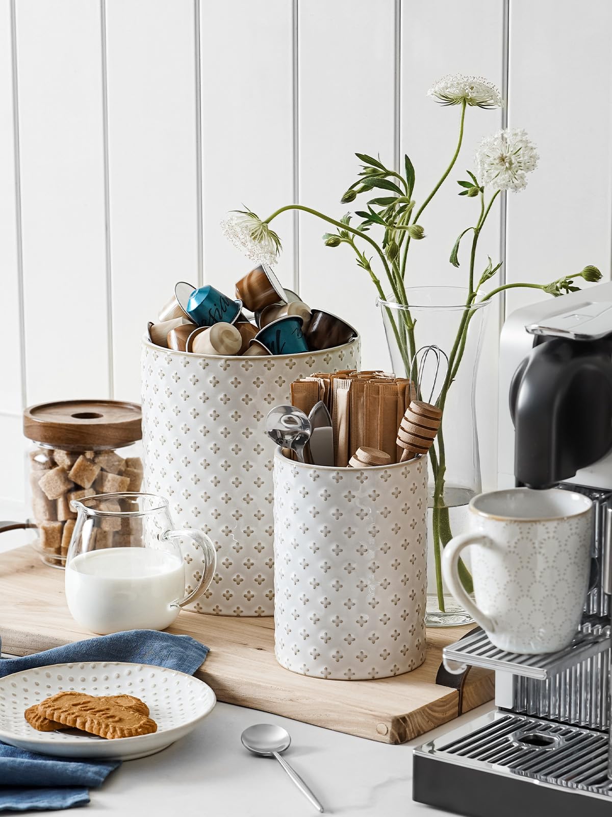 LE TAUCI Utensil Holder, 7.1"+5.4" Ceramic Kitchen Utensil Holder for Counter top, Embossed Cooking Utensil Organizer for Spatula & Spoon, Kitchen Decor, Set of 2, Arctic White, Clover