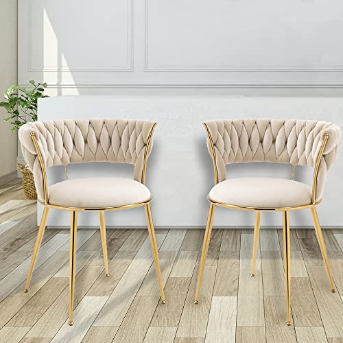 Nlur Velvet Dining Chairs Set of 2 Upholstered Side Chair Accent Chair Living Room Vanity Chair with Golden Legs for Dining Room Kitchen, Ivory