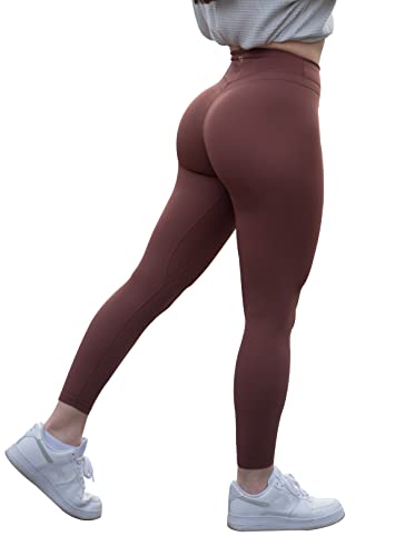 TomTiger Women's Yoga Pants High Waisted Workout Leggings Butt Lifting Tummy Control Booty Tights (Brown, S)