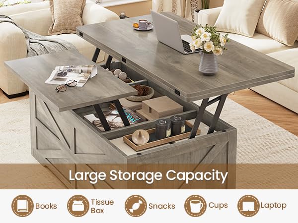 Itaar Farmhouse Coffee Table, Lift Top Coffee Table with Large Hidden Compartment, Rustic Center Table with Barn Door, for Living Room, Office, Grey