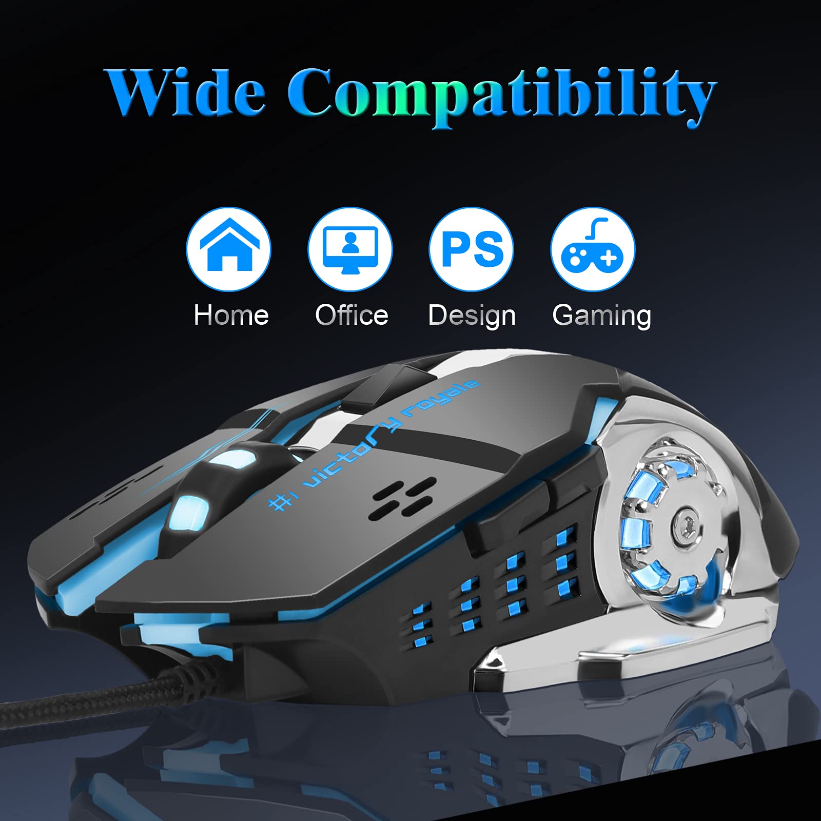 FIYOO Battle Royale Gaming Mouse,LED Backlit Optical Game Mice Ergonomic USB Wired Mouse Compatible with Laptop PC, 7 Buttons, 4 Adjustable DPI