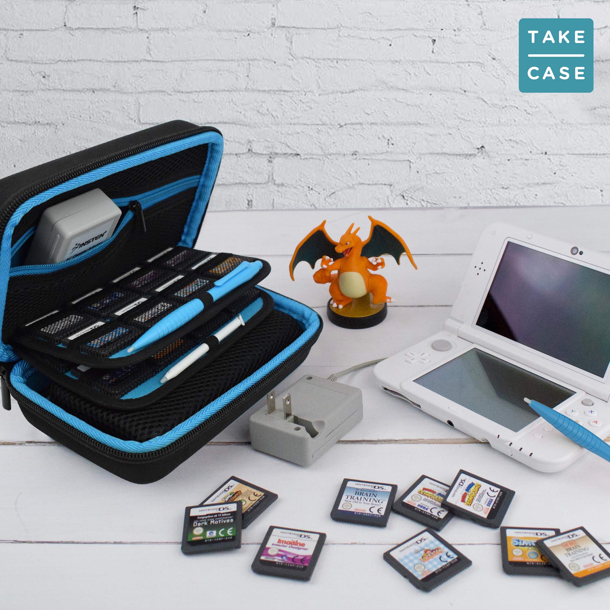 TakeCase Hard Shell Carrying Case - Compatible with Nintendo 3DS XL and 2DS XL - Fits 16 Game Cards and Wall Charger - Includes Removable Accessories Pouch and Extra Large Stylus Light Blue