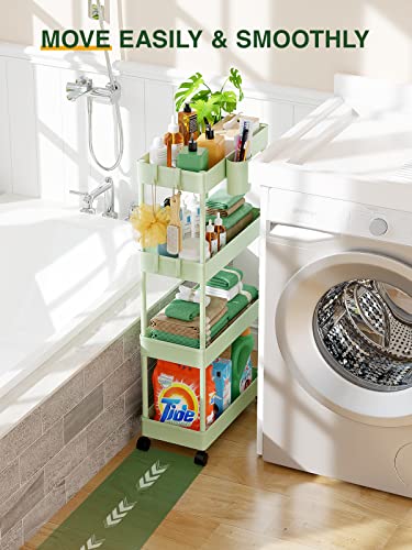 LEHOM Slim Rolling Storage Cart - 4 Tiers Bathroom Organizer Utility Cart Slide Out Storage Shelves Mobile Shelving Unit for Kitchen, Bedroom, Office, Laundry Room, Small Narrow Spaces, Green