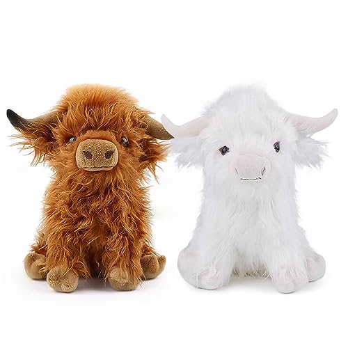 Trcock Scottish Highland Cow Plush, Cute Realistic Cow Stuffed Animals Soft Farm Plushie Toy, Highland Cow Accompany Plush Toy Birthday Gifts for Kids Adults (Brown and White)