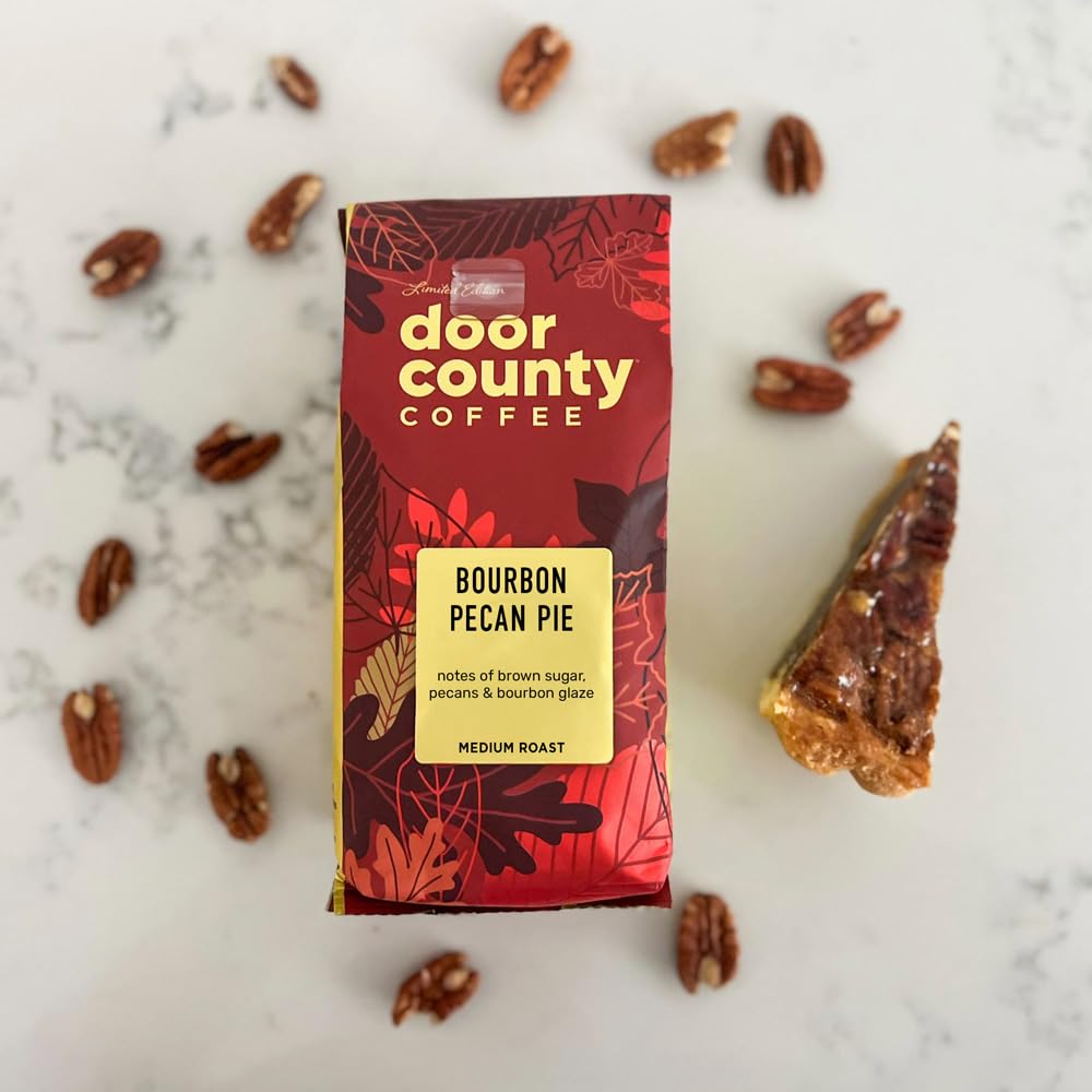 Door County Coffee, Fall Seasonal Flavored Coffee, Bourbon Pecan Pie Flavored Coffee, Medium Roast, Ground Coffee, 8 oz Bag