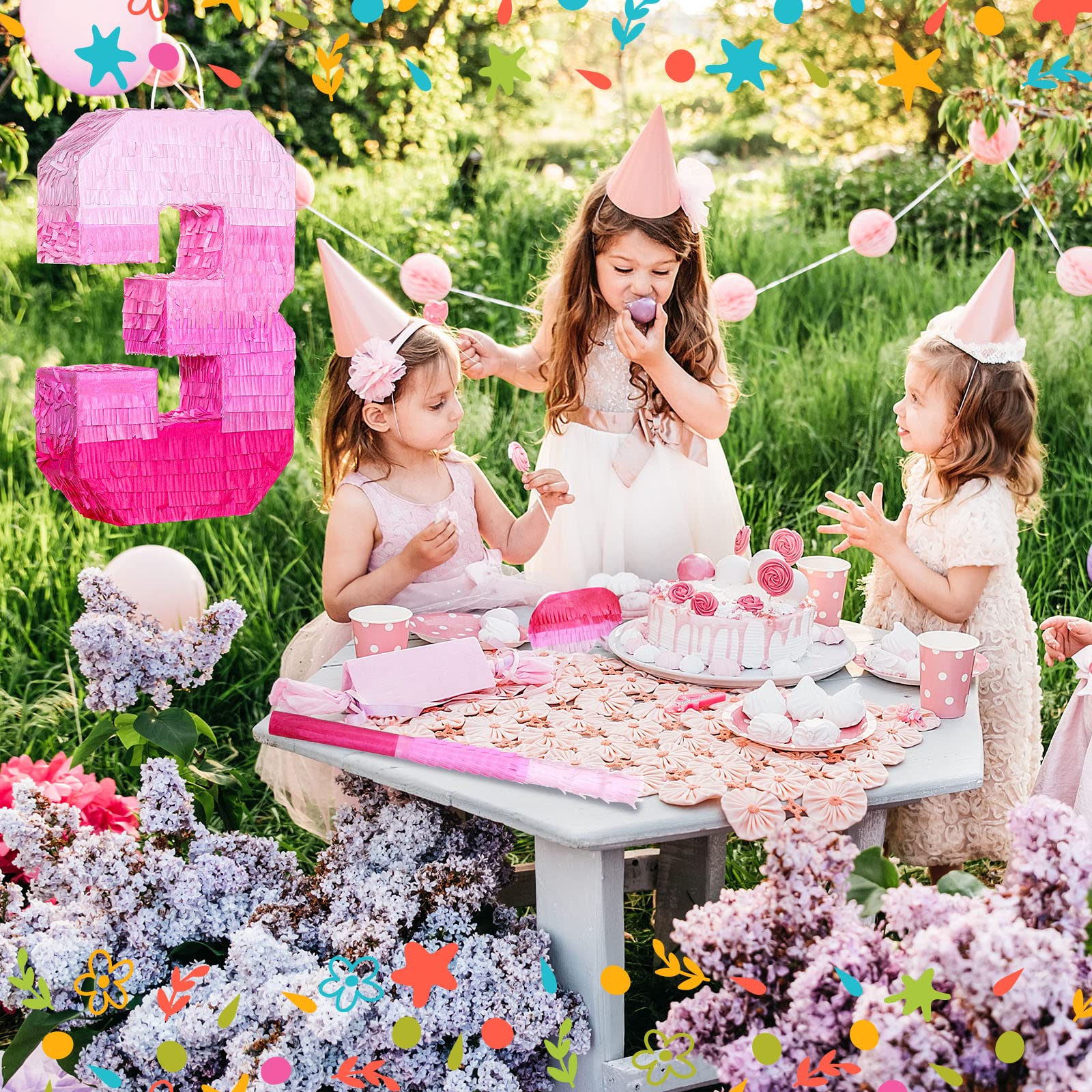Number piñata Number Birthday piñata Decorations Gradient Pink piñata with Stick Blindfold Confetti for Girls Boys Birthday Anniversary Party Decorations Supplies (Number 3)