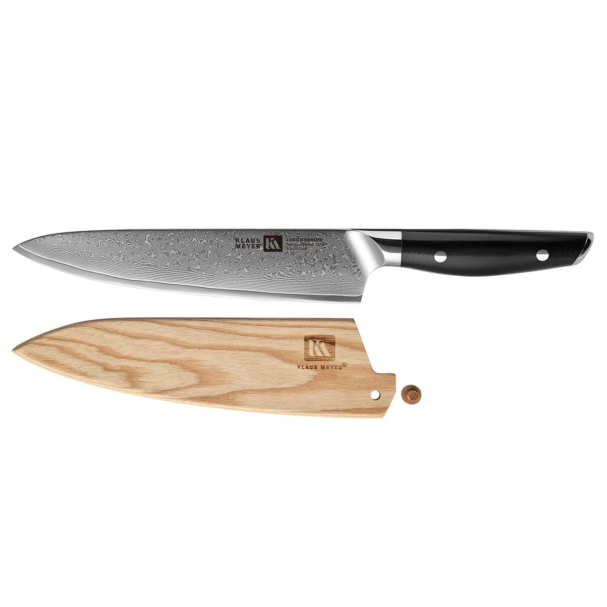 Klaus Meyer Luxor 8 Inch Chef Knife, Damascus Kitchen Knife, VG10 High Carbon Stainless Steel Japanese Chefs Knife with Wood Sheath