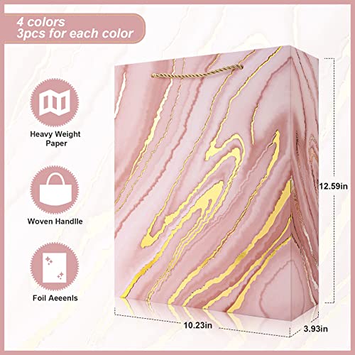 Lancool Gift Bags, 12 Pack 12.6x10.2x3.9 Inch Gift Bags Medium Size, Gift Bag Large Size, 4 Assorted Designs Foil Gift Bags for Monther's Day, Baby Shower, Birthday, Wedding, Party Favors