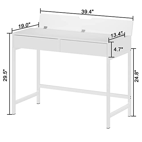 Treocho Computer Desk, Modern Simple 40 inch White Desk with 2 Drawers, Vanity Desk, Makeup Table for Home Office, Bedroom