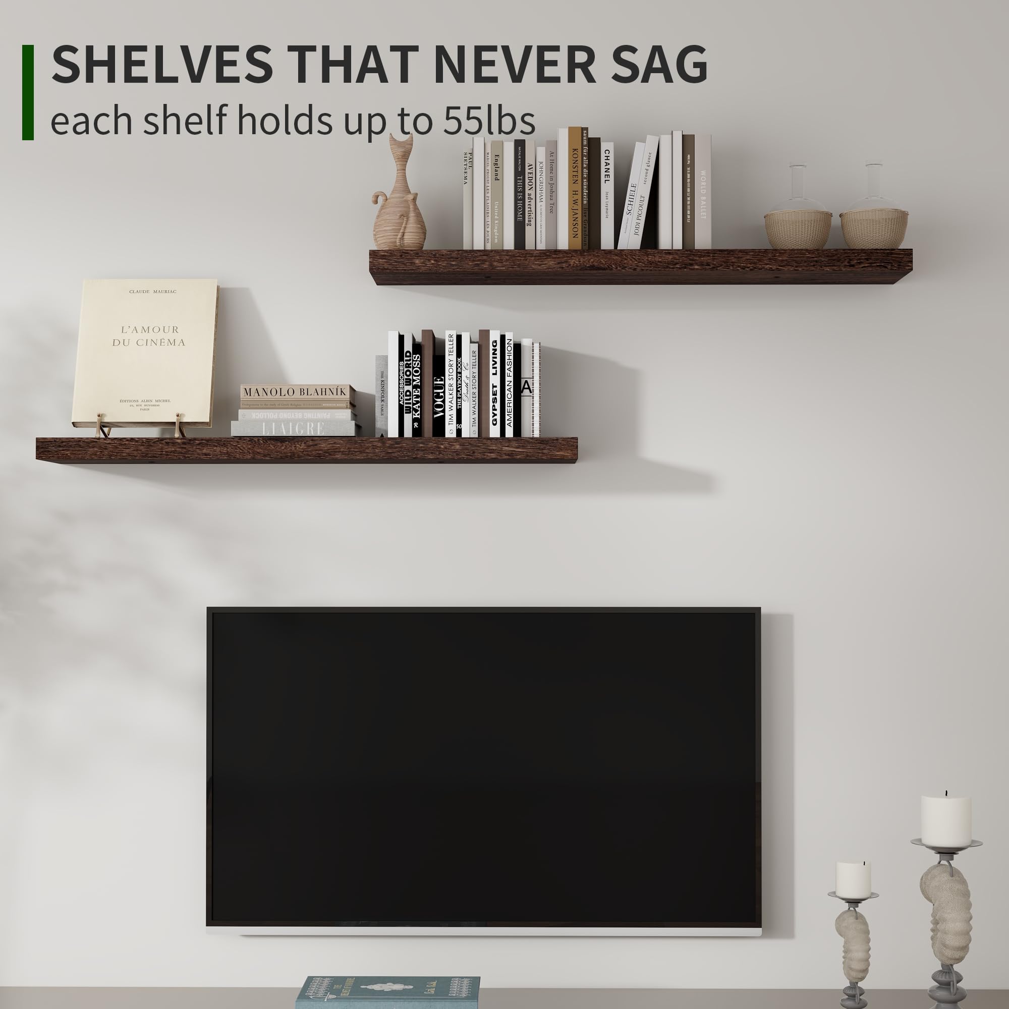 Marsmiles Floating Shelves, 36 Inch Wall Shelf Set of 2, Rustic Wood Shelves for Wall Storage, Fireplace Mantel, Wall Mounted Wooden Display Shelf for Bathroom Bedroom Kitchen Garage, Rustic Brown