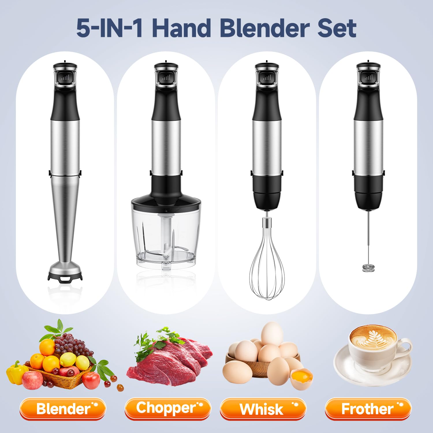 Handheld 5-in-1 Immersion Blender with Variable Speed Trigger 1100W, Hadlook Immersion Blender with Chopper, Whisk and Frother for Soup, Baby Food and Smoothies