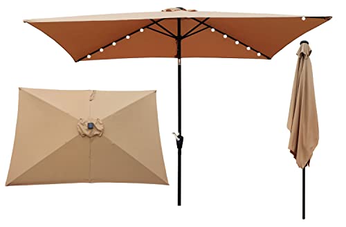 i-POOK 10 x 6.5 FT Rectangular Patio Umbrellas with 26 Solar LED Light, Market Table Waterproof Umbrellas Sunshade with Crank and Push Button Tilt Patio Hanging Umbrella for Garden Deck Pool, Brown