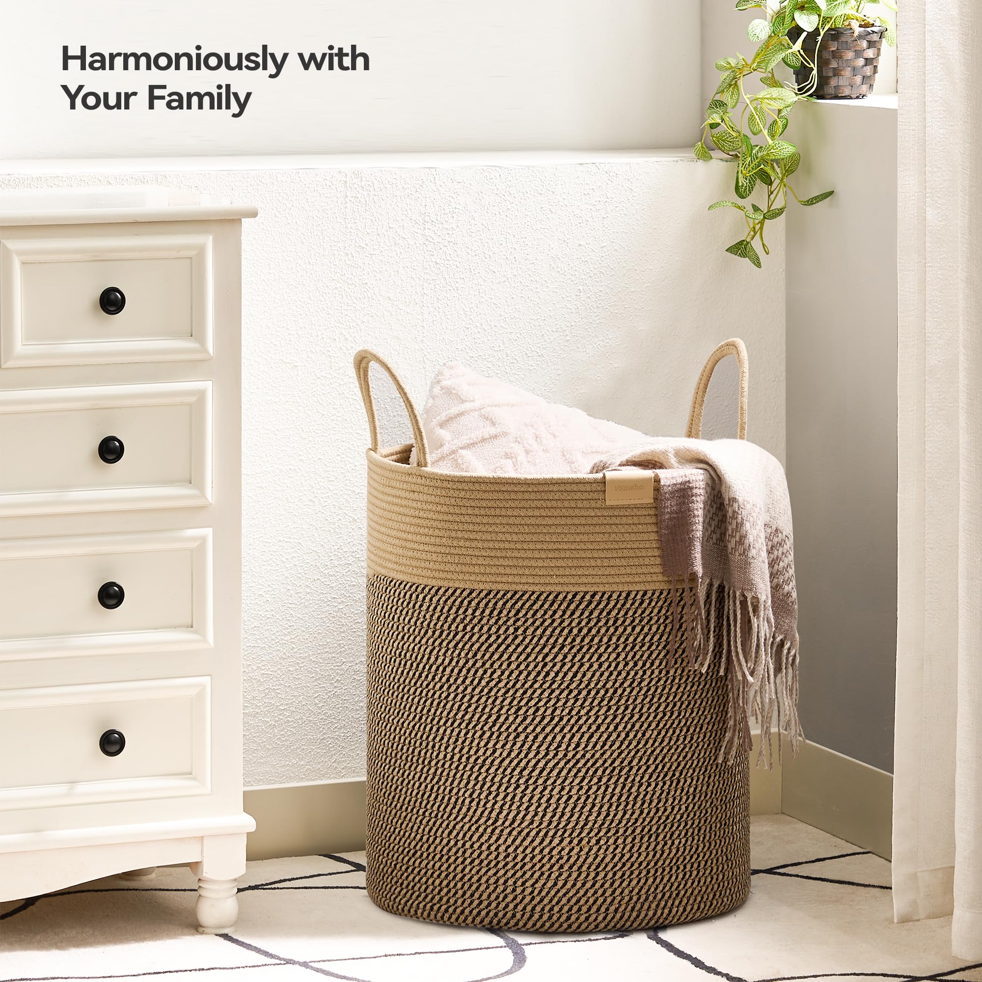 Nunsino Cotton Rope Laundry Hamper Basket,Baby Nursery Woven Storage Basket for Toys Bin,Pillows, Blankets,Clothes (Dark&Brown, 62L*2)