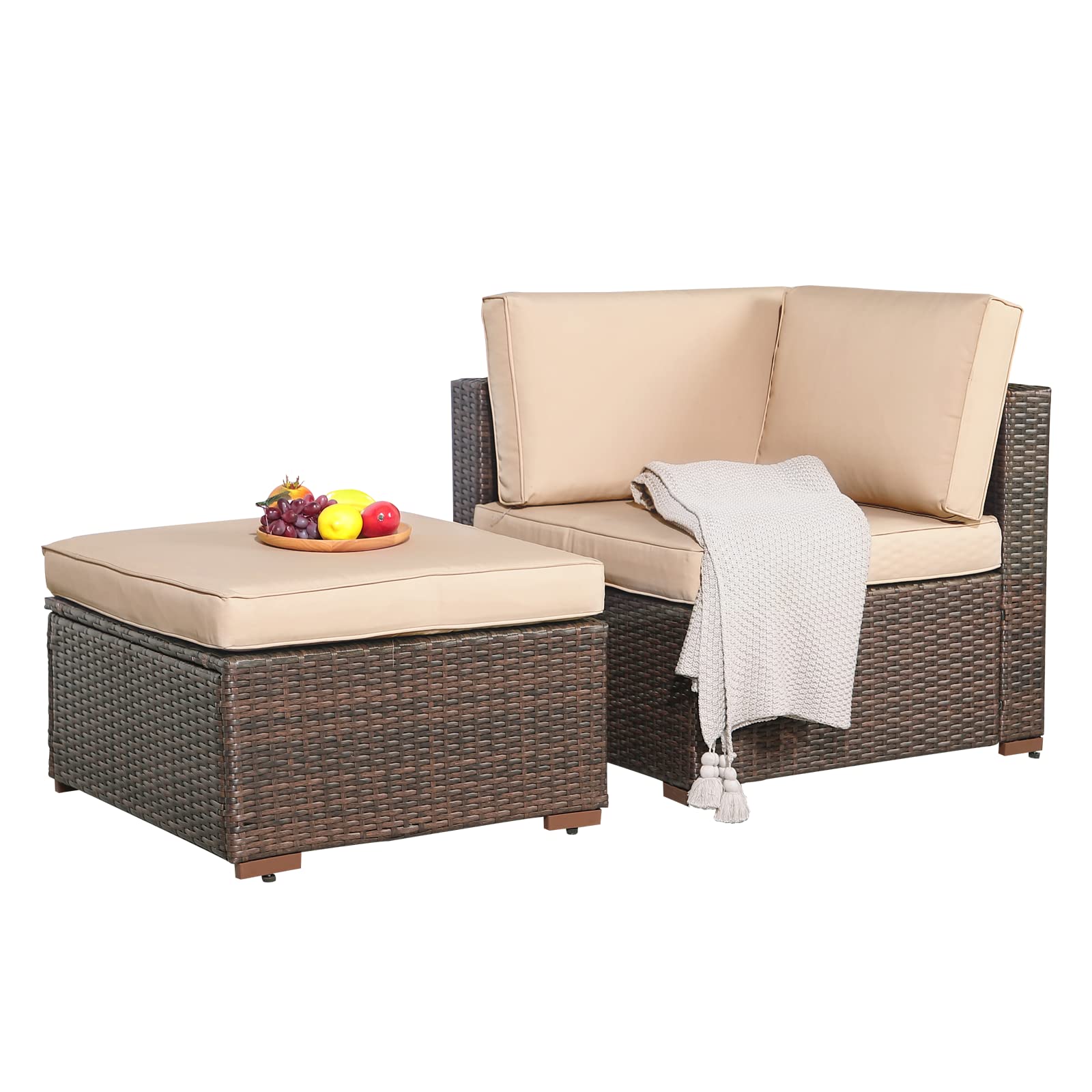 Patiorama 2-Piece Patio Furniture Sofa Set, Outdoor Sectional Sofa, All-Weather Brown PE Wicker Rattan Conversation Set, Outdoor Loveseat, Patio Seating for Balcony Garden Pool (Beige Cushion)