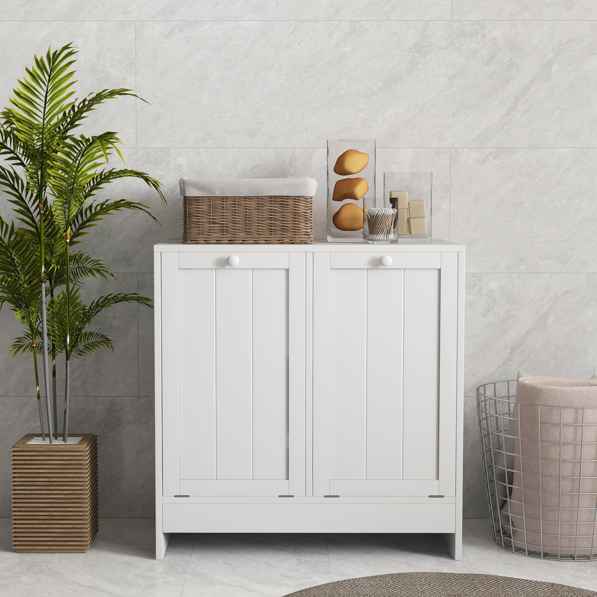 kleankin Tilt-Out 2-Compartment Laundry Hamper, Modern Clothing Storage Basket, Hamper Cabinet for Bathroom, Laundry Room, White