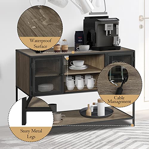 LTMEUTY Sideboard Buffet - Industrial Storage Cabinet, Coffee Bar Cabinet with Mesh Doors, Console Table Coffee Station, for Home, Living Room, Dining Room, Kitchen, Light Brown