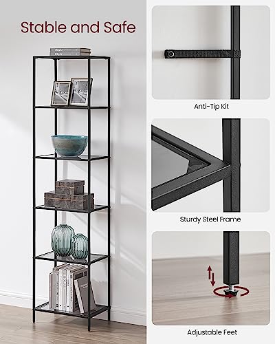 VASAGLE Bookcase, 6-Tier Bookshelf, Slim Shelving Unit for Bedroom, Bathroom, Home Office, Tempered Glass, Steel Frame, Black and Gray ULGT500G01