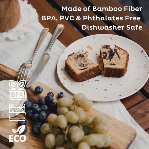 Nook Theory 4-Pack Bamboo Fiber Dinner Plates - Bamboo Plates Reusable, Unbreakable Plates, Food-Grade - Dishwasher Safe Plates - Kids Plates, Toddler Plates for Home - (Duo Plates + Salmon Bag)