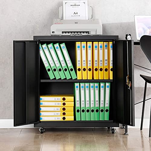 FFFYUN Metal Storage Cabinet with Wheels,Locking Cabinet with 1 Adjustable Shelf, Small Steel Storage Cabinet for Office,Home,Garage,Kitchen,Classroom,Black