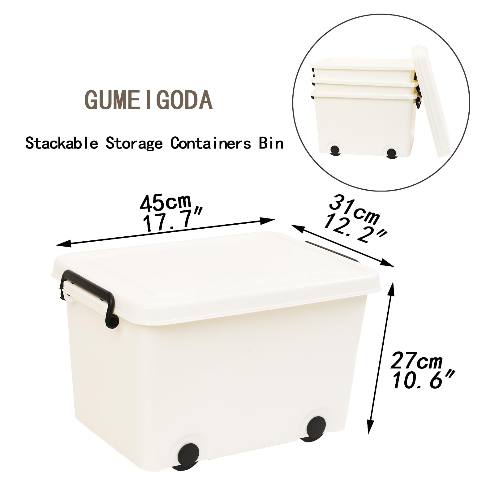 GUMEIGODA 23 Qt Latching Storage Bin,Stackable Bin with Wheels and Latching Lids,Removable Storage Containers, Clothes Bins Storage for Closet Organization,Thickened Plastic,White,3-Packs (white, 3M)