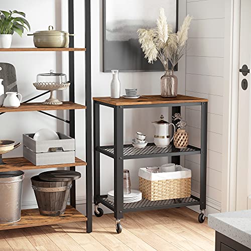 VASAGLE Serving Cart, 3-Tier Bar Cart on Wheels with Storage and Steel Frame, Rustic Brown ULRC78X
