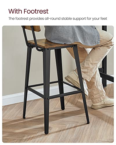 VASAGLE Set of 2 Bar Stools, Bar Height Stools, Tall Bar Stools with Back, Bar Chairs, Steel Frame, Industrial Style, Easy Assembly, Rustic Brown and Black ULBC078B01