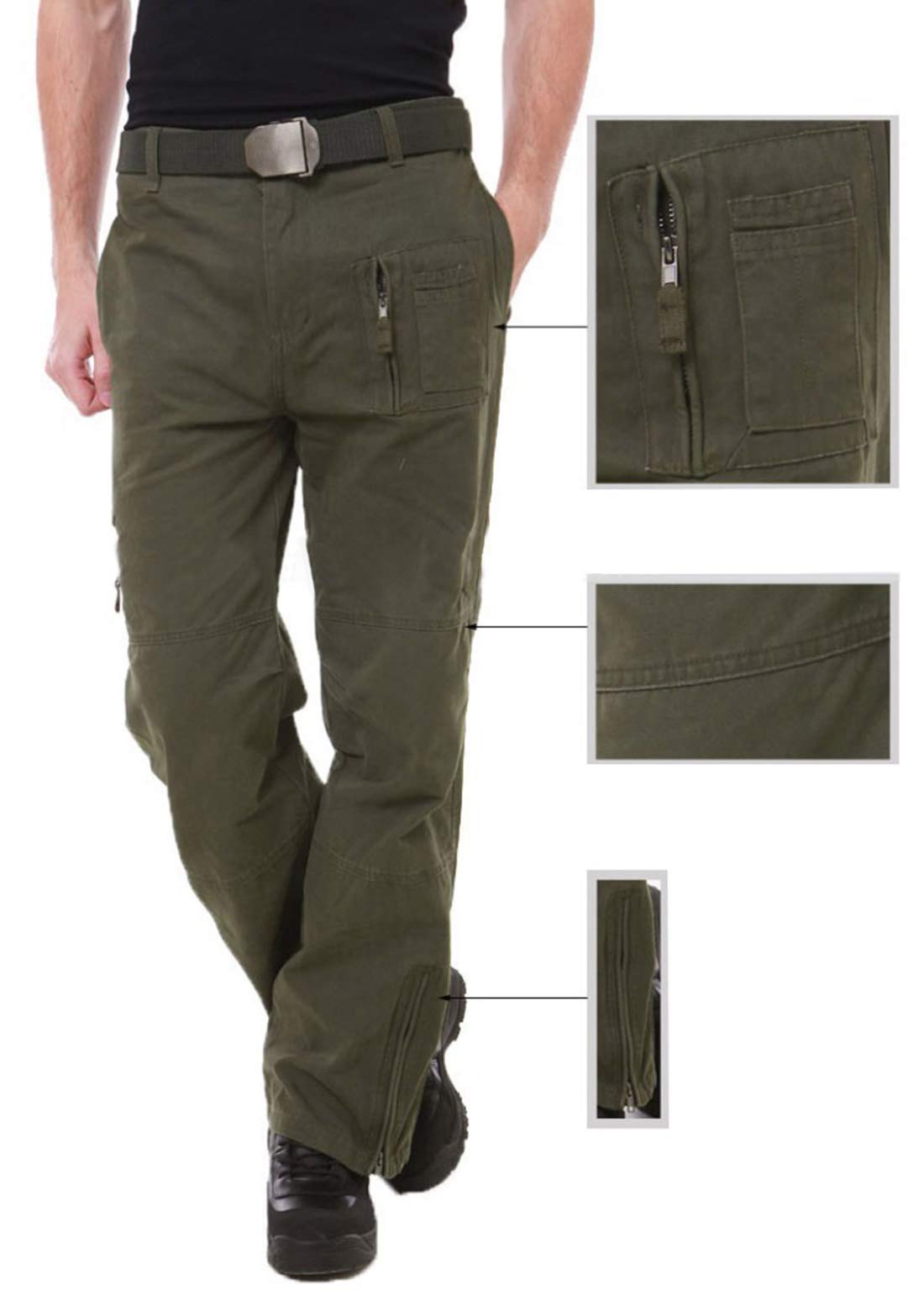 CRYSULLY Men's Casual Trousers Cotton Wild Cargo Pant Combat Wear Work Pants with Zipper Assault Pants Army Green