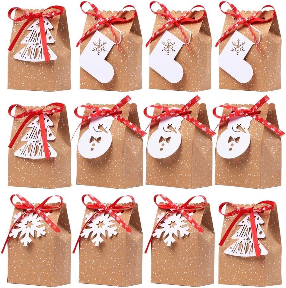 OurWarm 12pcs Christmas Treat Bags Christmas Kraft Gift Bags with Christmas Tags and Ribbons, Xmas Paper Candy Goody Bags for Christmas Party Favors, 5 x 3 x 7 Inch holiday gift bags