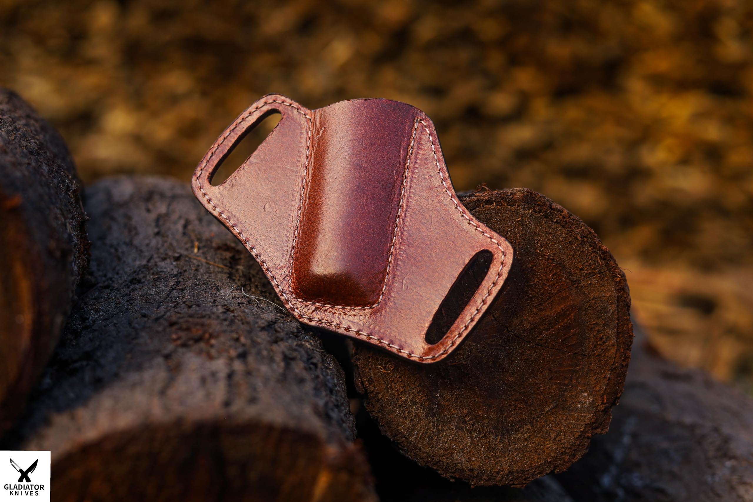 Handmade Leather Sheath for Pocket Knives, Slanted Pancake/Tooled/Belt/Trapper Style, TAN, 100% Real Leather (Brown)
