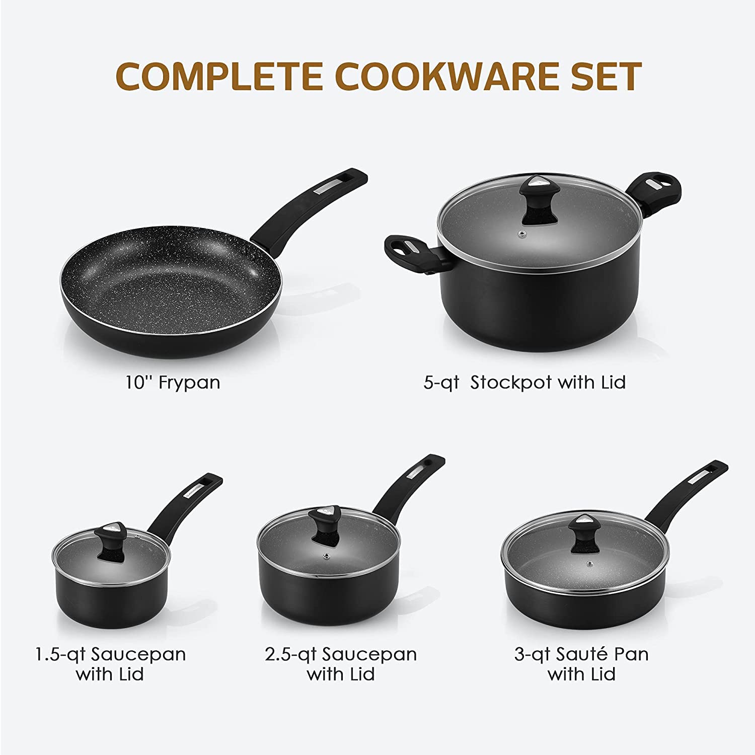 CSK Kitchen Cookware Set - Pots and Pans Set with Lid, Nonstick Pan Set with Black Granite Derived Coating, PFOS/PFOA Free, Housewarming Gift, Black with White Dot, 9 Pieces…