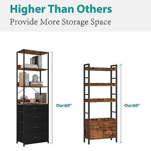 VASICAR 4-Tier Tall Bookshelf with 4 Drawers, Multifunctional Open Bookcase, Storage Shelf Dresser for Living Room, Office, Bedroom, Kitchen, Free Drawer Divider (Black)
