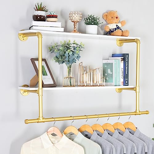 MOUTIK Wall Clothing Rack Gold - 46" Long Industrial Pipe Garment Rack with 2 Tier Shelves, Heavy Duty Iron Clothes Rod Retail Display for Bedroom, Laundry