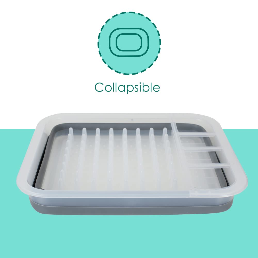 Home Basics Collapsible Dish Drying Rack; Foldable Camping Essentials (Grey/White) Pops Up 5" High/Folds Flat for Easy Storage in Kitchen Pantry, Under Sink, Great for Travel, RV, Camper