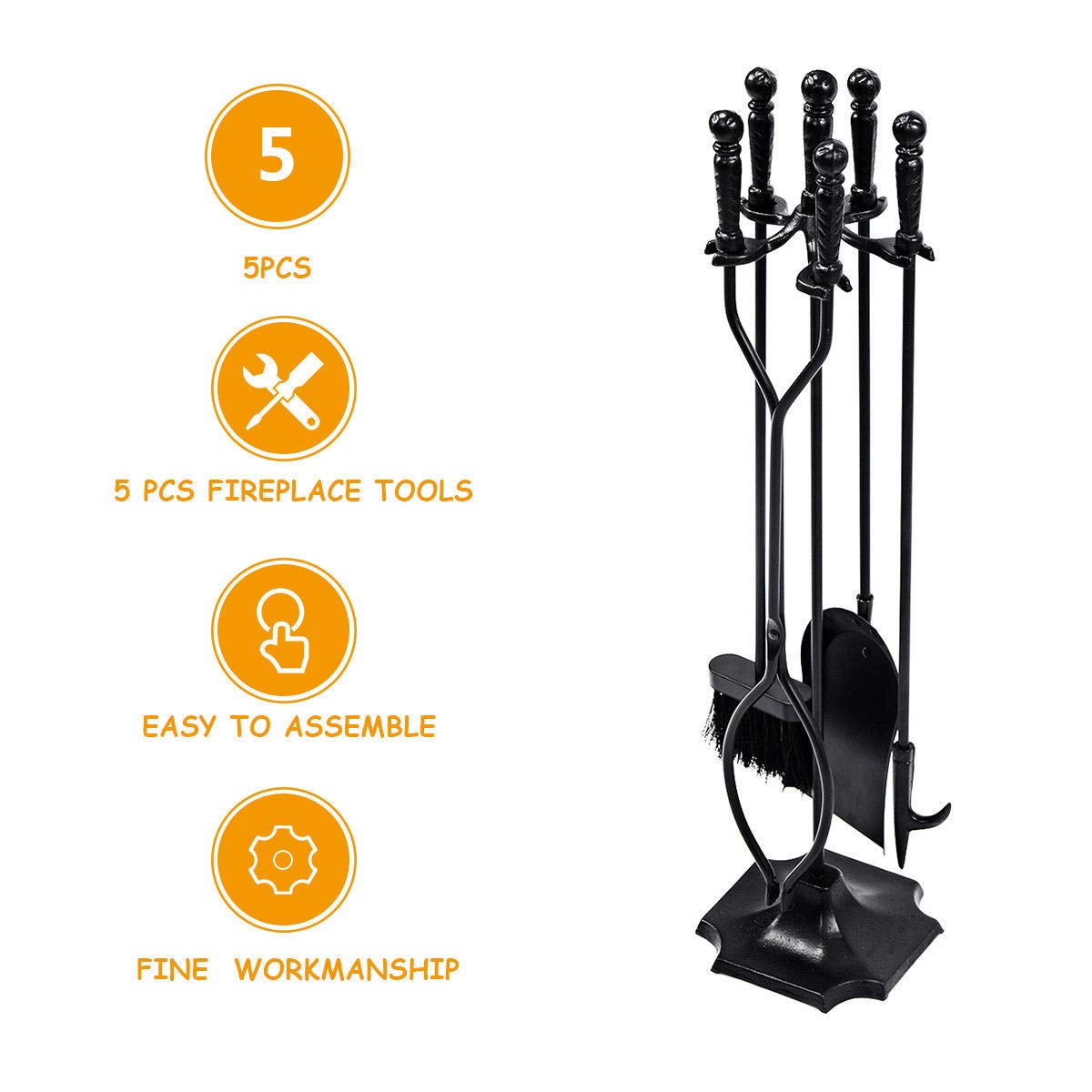 Tangkula 32 inch Fireplace Set 5 Piece Rustic Heavy Duty Compact Wrought Iron Fire Place Tool Set with Pedestal Place, Hearth Tool